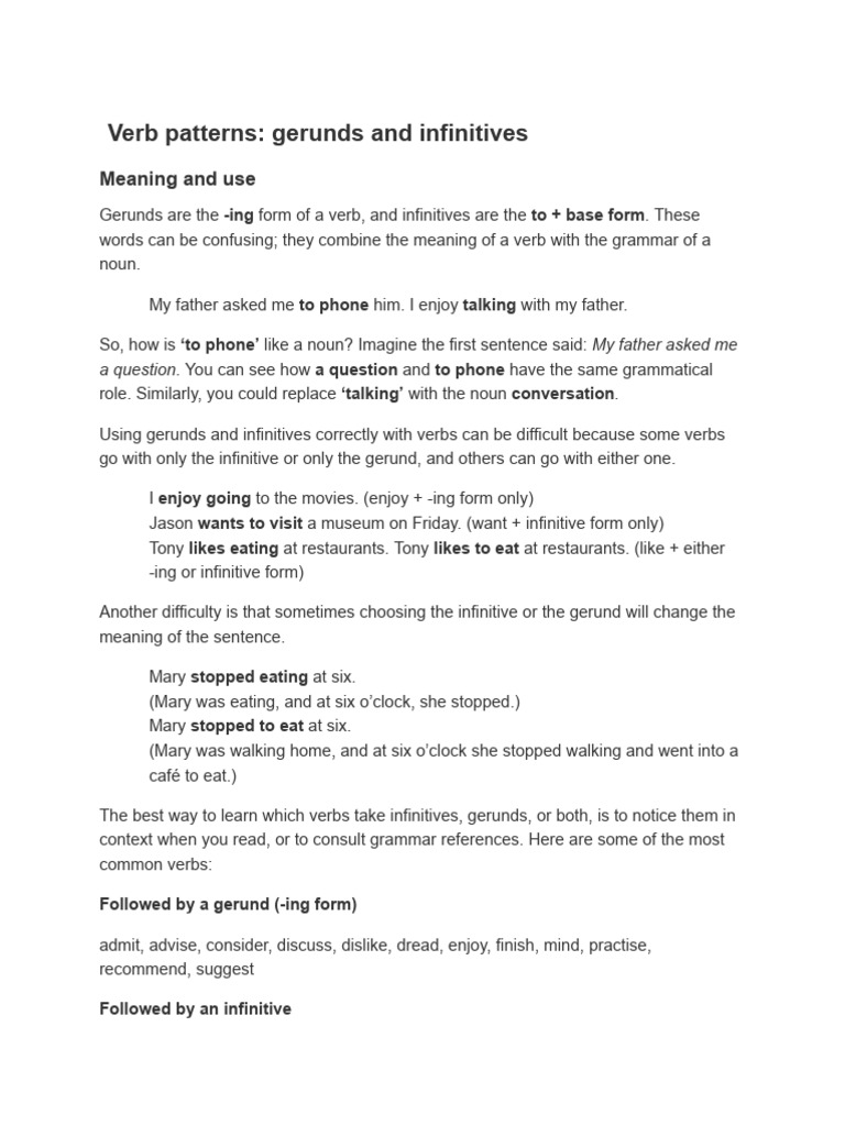 Verb Patterns - Gerunds and Infinitives | PDF | Verb | Semantic Units