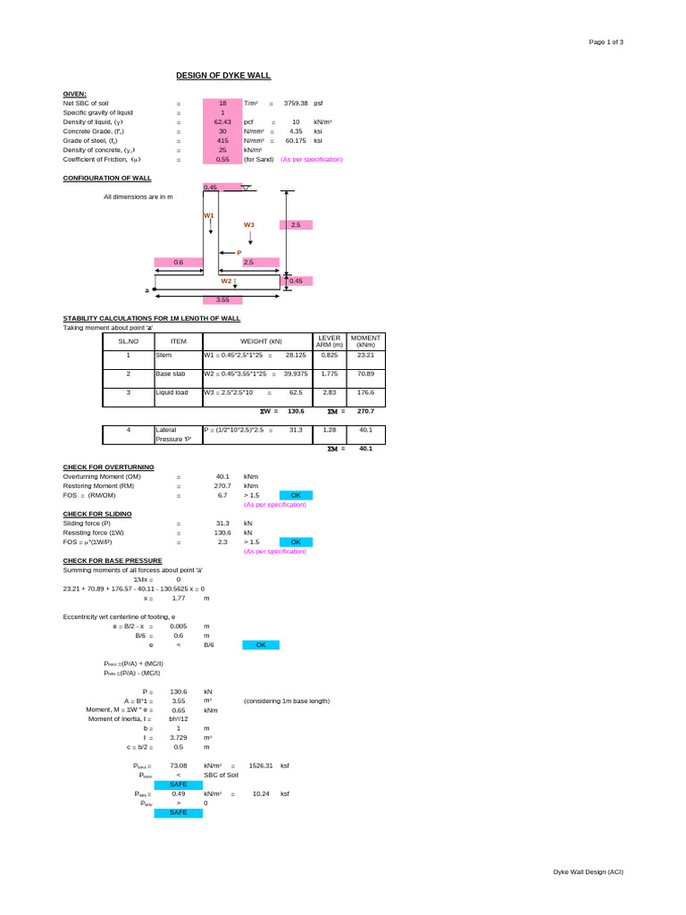 Dyke Wall Design and Calculations | PDF | Building Engineering ...