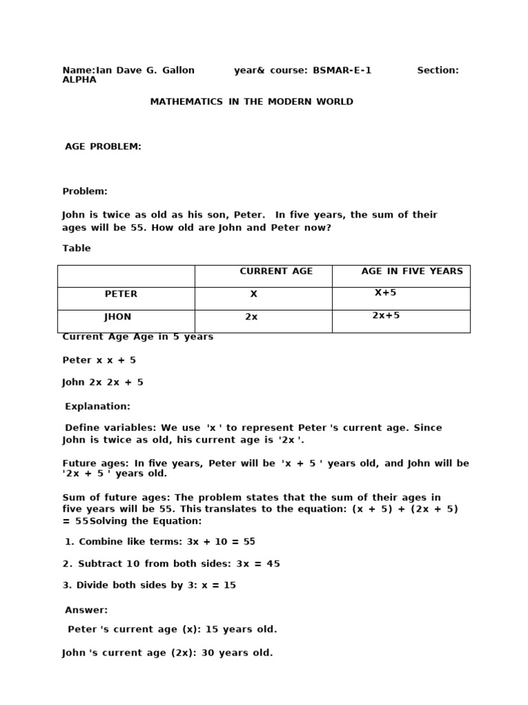 Age Word, Mixture, Distance Rate&time Problem Solving in Mathematics in The Modern World | PDF ...