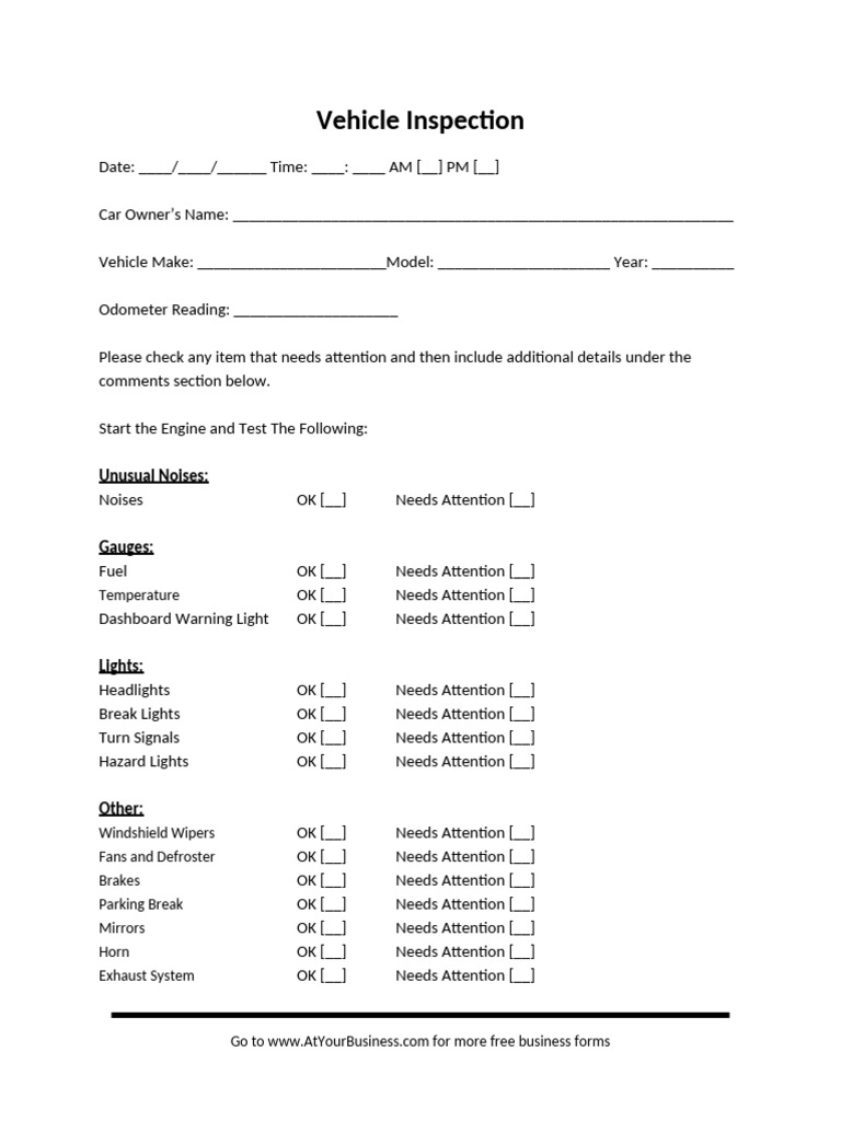 Vehicle Inspection Checklist Form | PDF | Vehicles | Car