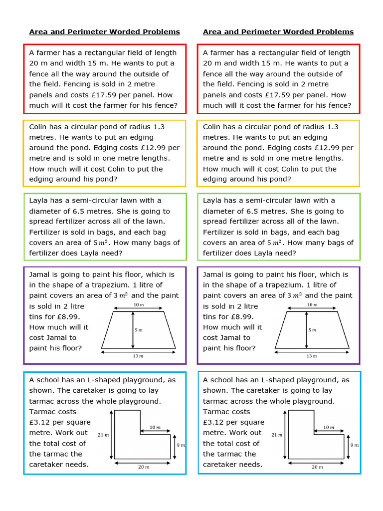 G6 - Area and Perimeter Worded Problems Practice Strips | PDF | Area ...