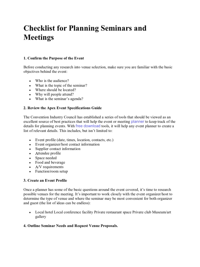 Checklist For Planning Seminars and Meetings | PDF