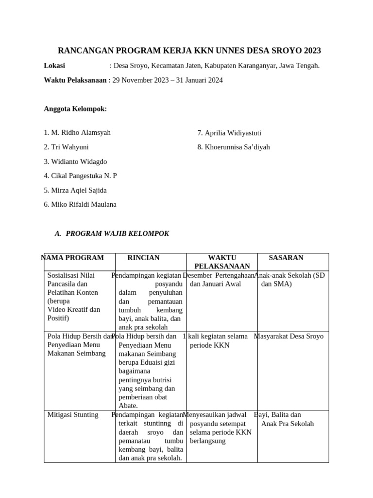 Rancangan Program Kerja KKN Unnes Desa Beku 2023 | PDF | Ilmu Sosial
