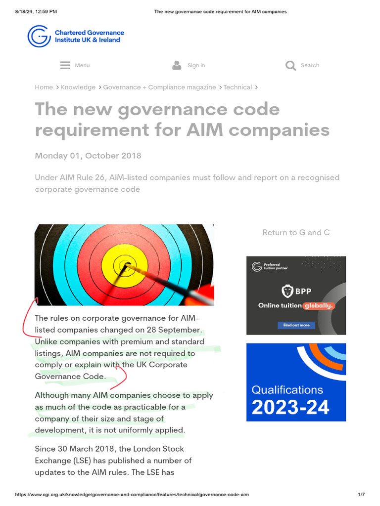The New Governance Code Requirement For AIM Companies | PDF | Corporate ...