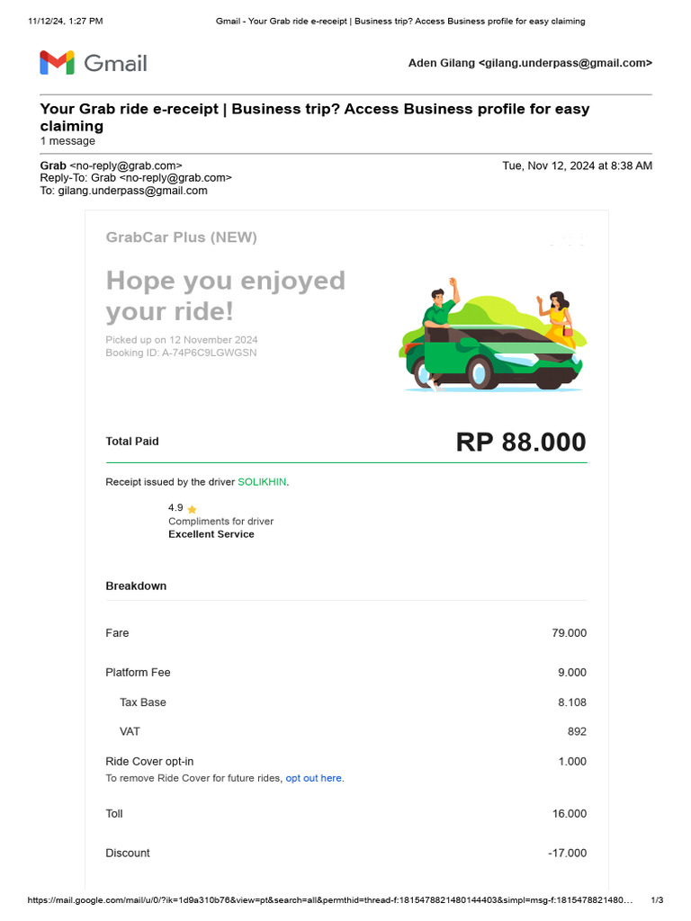 Gmail - Your Grab Ride E-Receipt | PDF | Payments