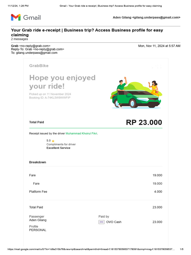 Gmail - Your Grab Ride E-Receipt - Business Trip - Access Business ...