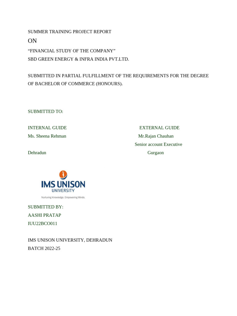 Summer Internship Report by Aashi Pratap (Bcom - Hons) | PDF | Renewable Energy | Solar Power