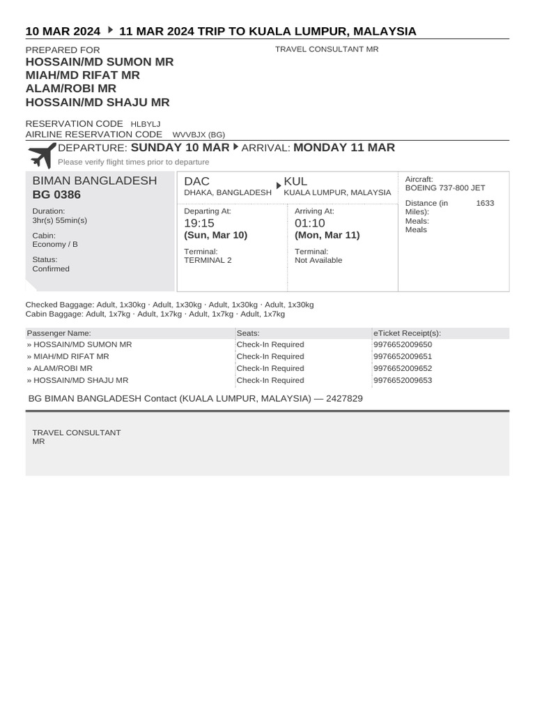Travel Reservation March 10 For MR MD SUMON HOSSAIN | PDF