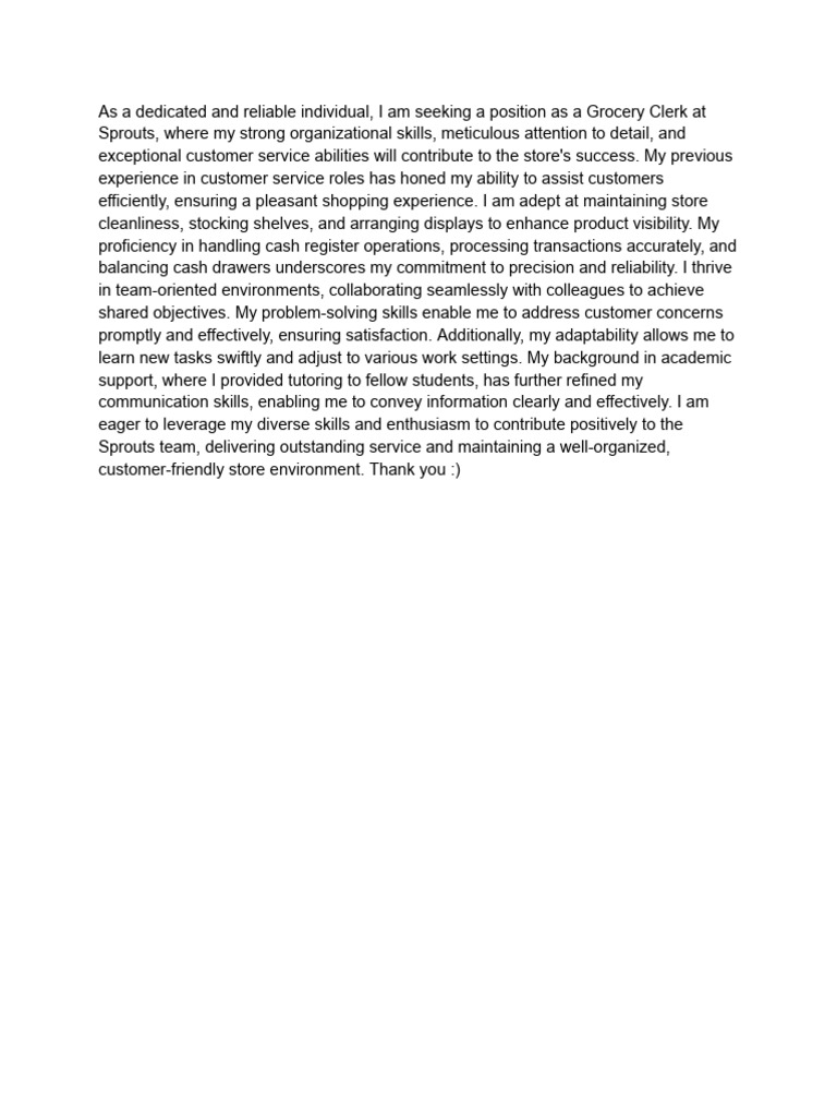 Grocery Clerk Application for Sprouts | PDF | Career & Growth