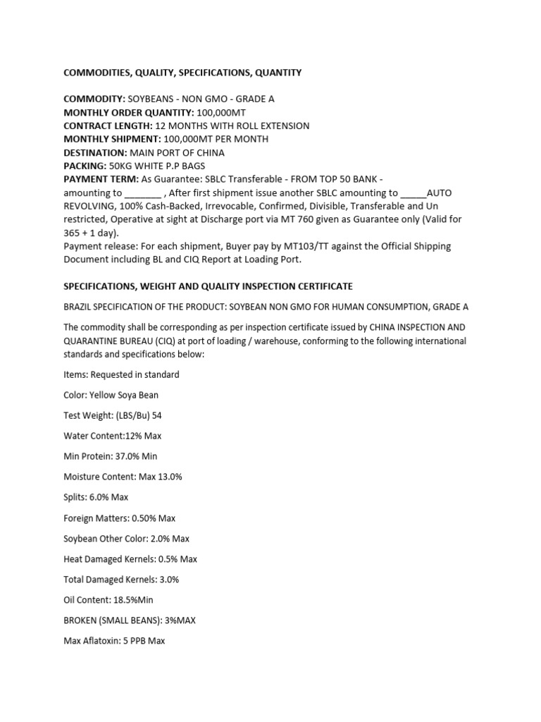 Brazil Soybeans Specification | PDF | Letter Of Credit | Soybean