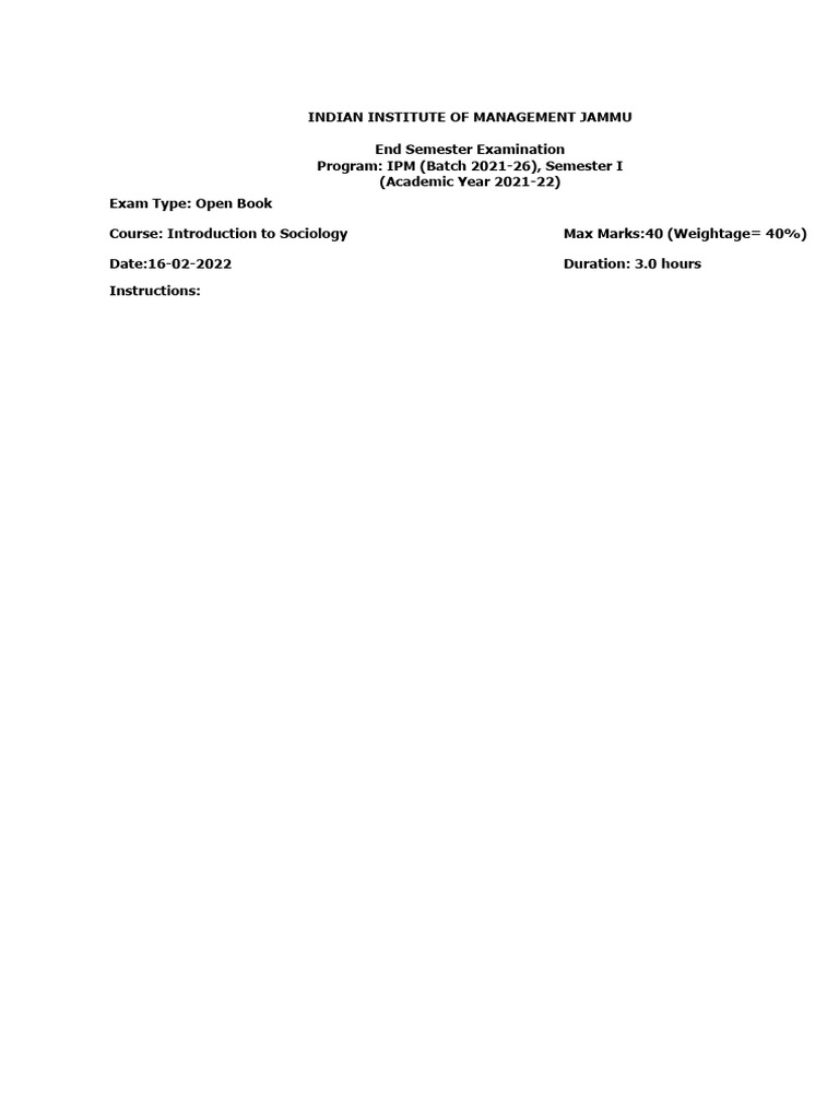 Introduction To Sociology QP End Sem (S I) IPM | PDF