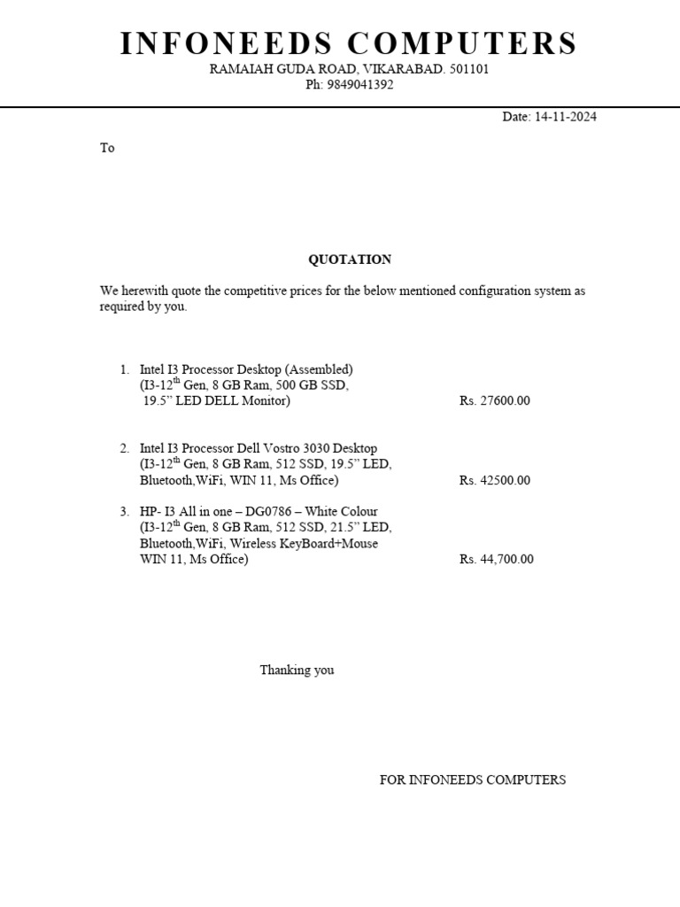 Infoneeds Computers: Quotation | PDF | Technology & Engineering