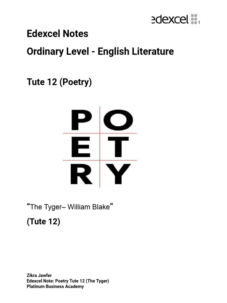 Edexcel Lit Poetry Tute 12 - The Tyger | PDF | Poetry | William Blake