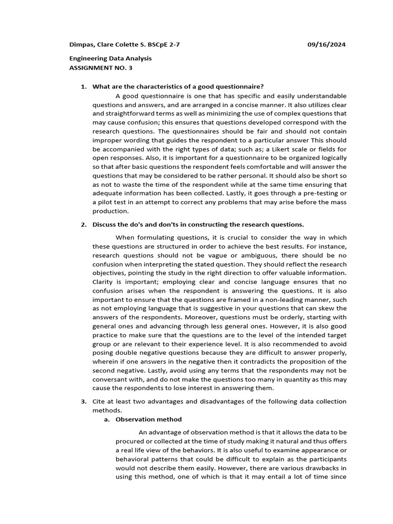 Dimpas Bscpe 2-7 Eda Assignment No.3 | PDF | Data | Questionnaire