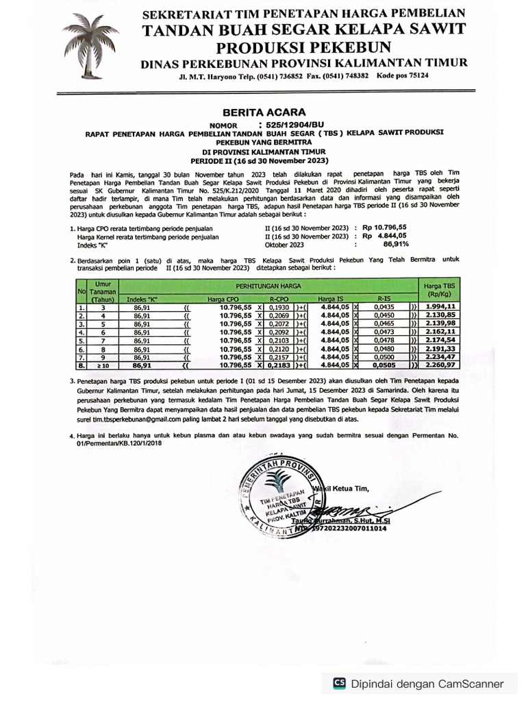 Harga Tbs Bermitra Bulan November II 2023 | PDF