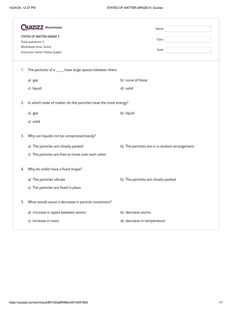Grade 9 States of Matter Quiz | PDF