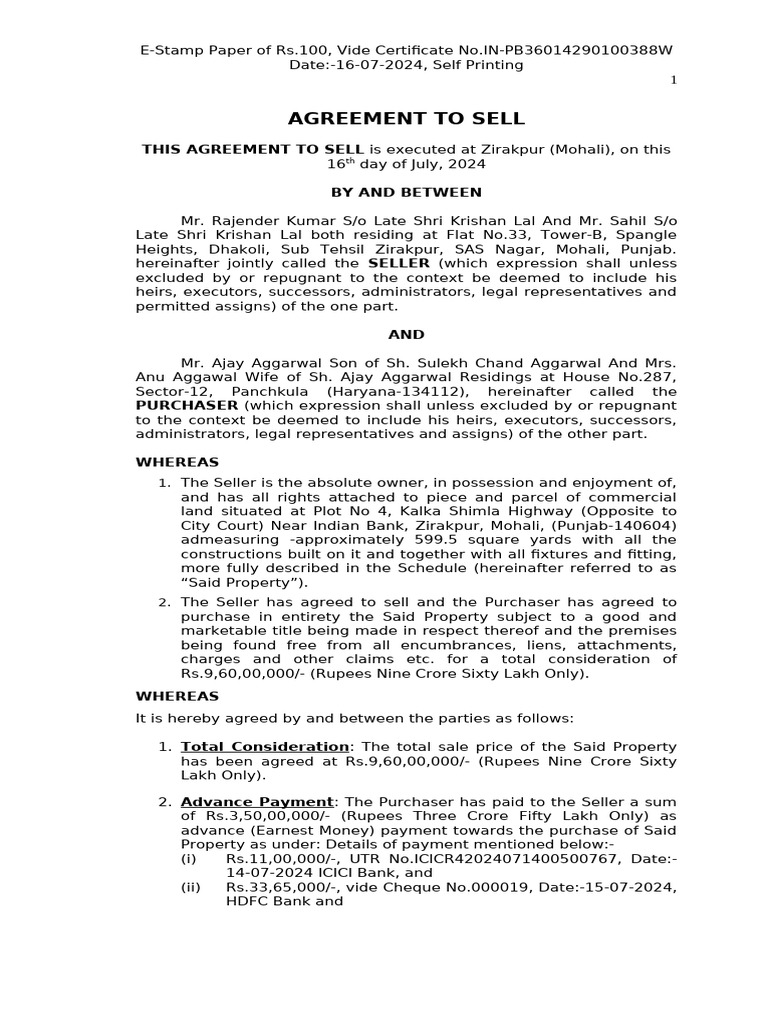 Agreement To Sell Rajender Kumar 2 | PDF | Taxes | Payments