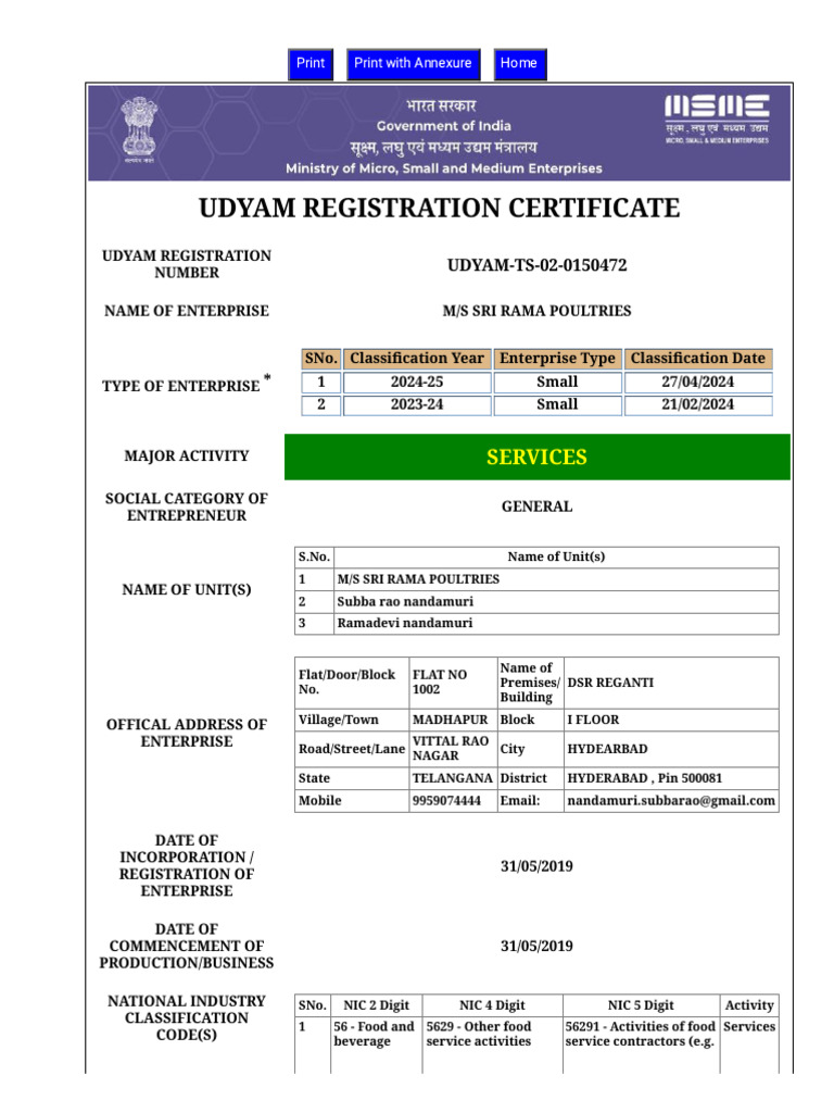 Udyam Registration Certificate Sample | PDF