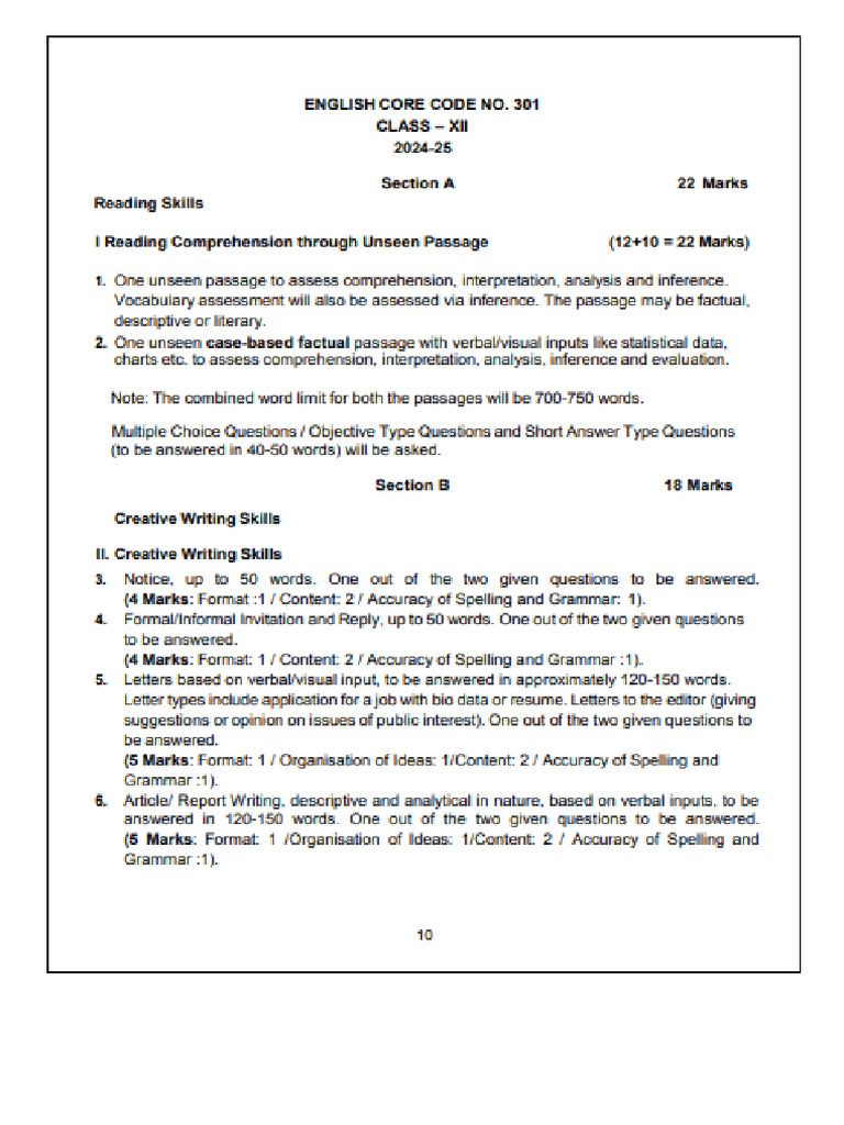 XII English - Question Paper Pattern | PDF