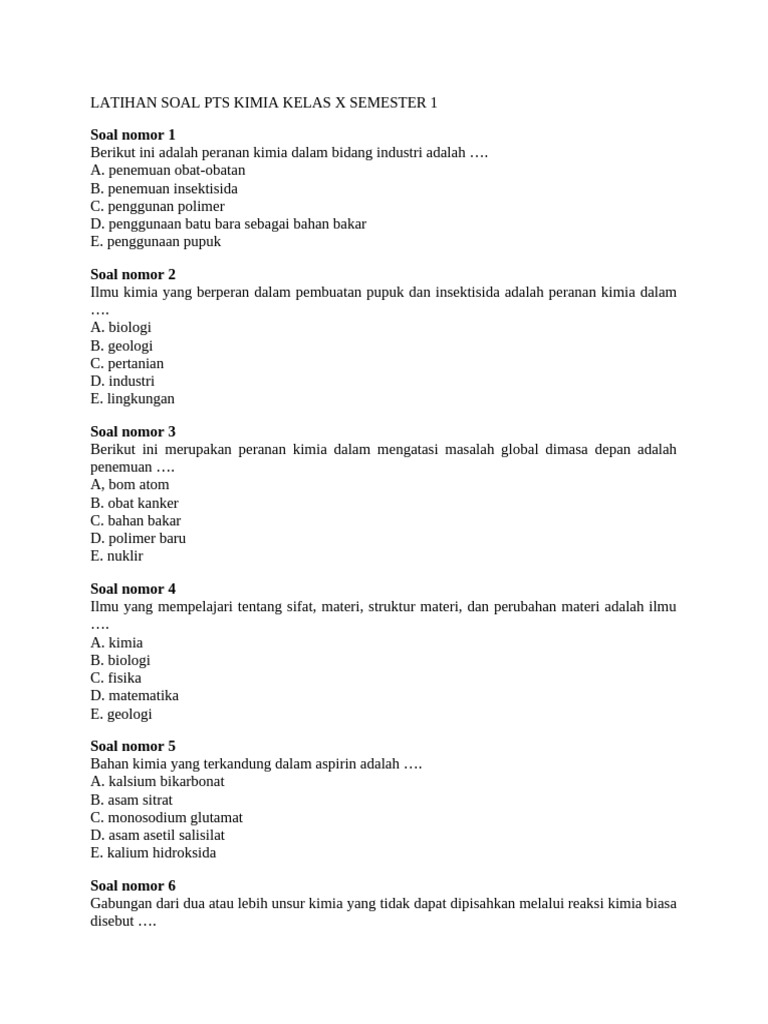 Latihan Soal PTS Kimia Kelas X Semester 1 | PDF | Metode & Bahan Ajar | Sains & Matematika
