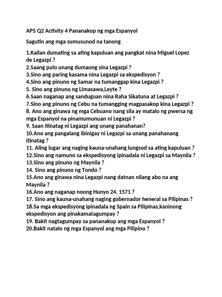 AP5 Q2 Activity 4 Pananakop NG Mga Espanyol | PDF