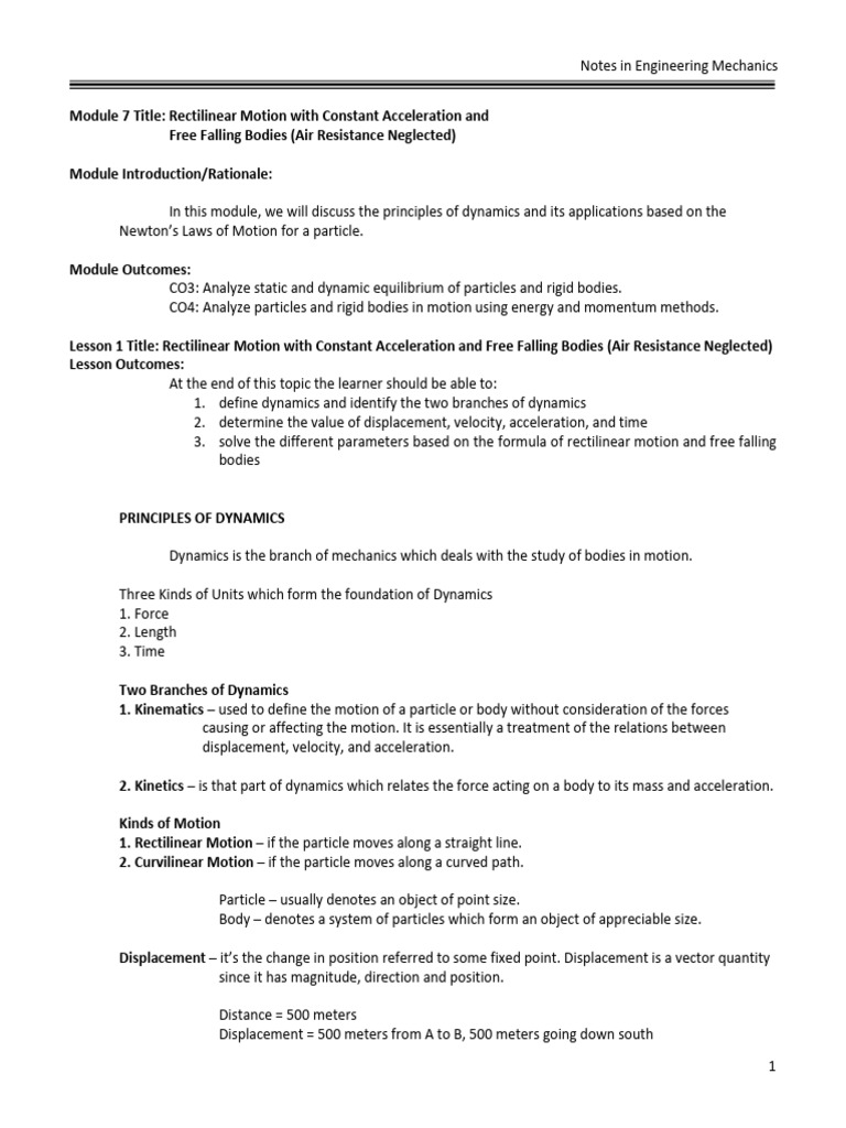 Module 7 Rectilinear Motion and Free Falling | PDF | Force | Classical ...