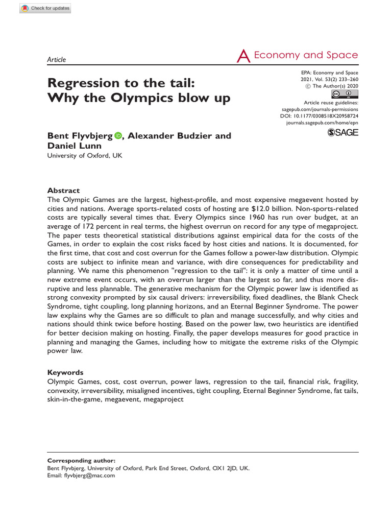 Flyvbjerg Et Al 2020 Regression To The Tail Why The Olympics Blow Up ...
