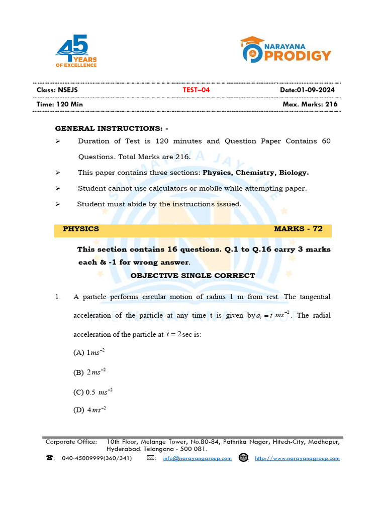 NSEJS Test 04 Physics Chemistry Biology | PDF | Force | Acceleration