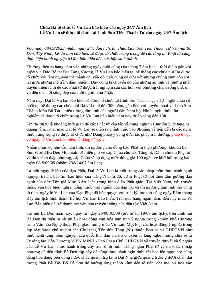 Chùa Bà tổ chức lễ Vu Lan | PDF