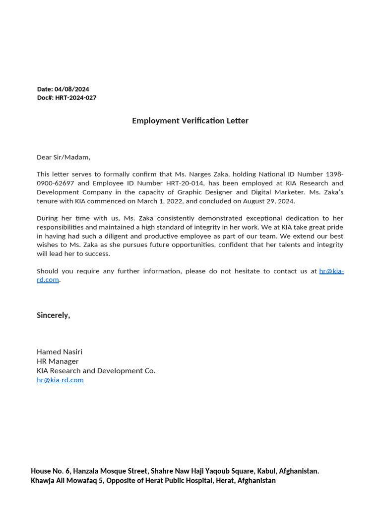 HR Letter To Narges Zaka | PDF | Career & Growth
