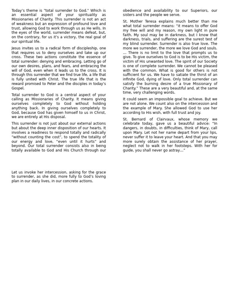 Meditation Sisters of Charity - Day 2 - Total Surrender | PDF | Love ...