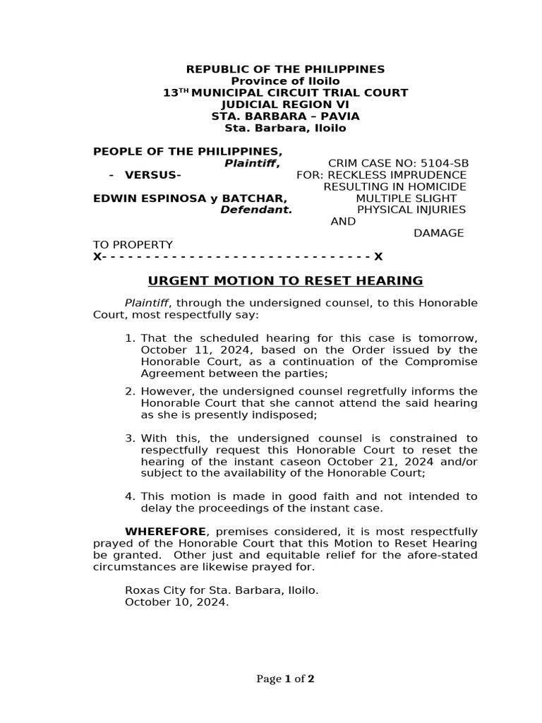 Motion to Reset Hearing in Homicide Case | PDF | Separation Of Powers ...
