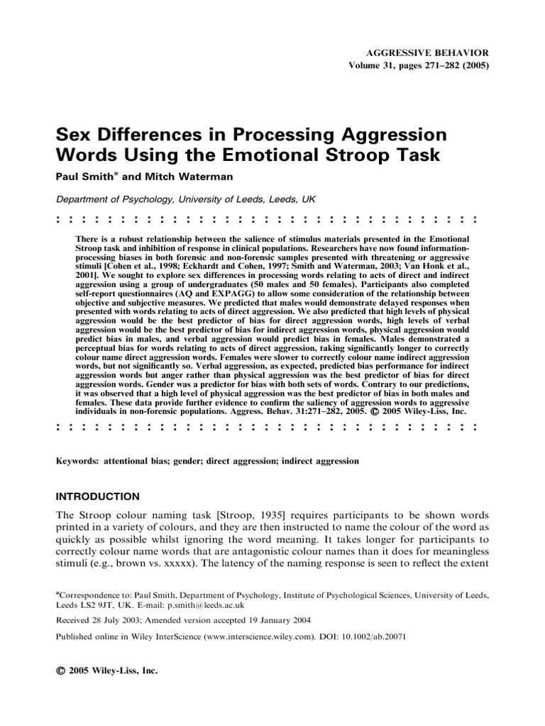 Aggressive Behavior - 2005 - Smith - Sex Differences in Processing Aggression Words Using The ...