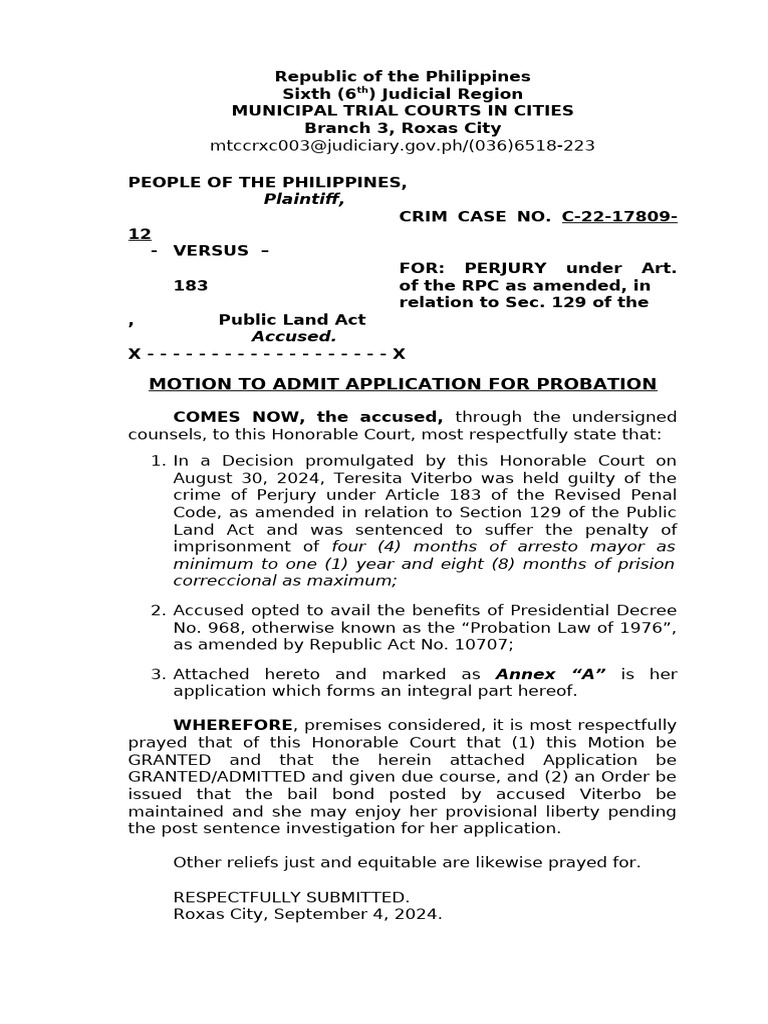 MOTION FOR Application For Probation | PDF | Common Law | Public Law