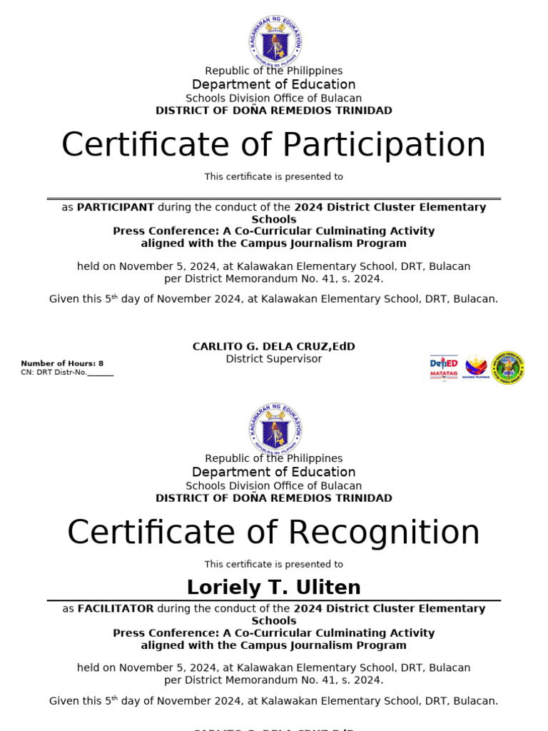 Certificate of Participation - Elem Presscon - Cluster Level | PDF ...