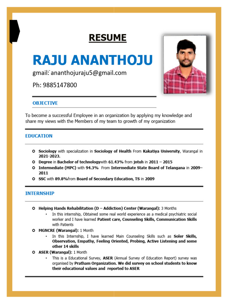 Raju Sociology Resume 2024 | PDF | Cognition | Psychology