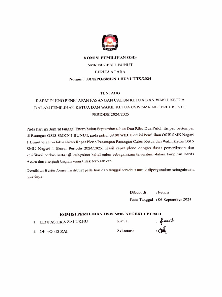 Berita Acara Pasangan Calon Ketua Dan Wakil Ketua OSIS SMKN 1 BUNUT 2024-2025 | PDF