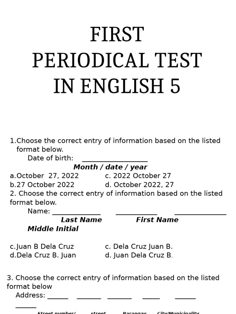 English 5 First Periodical Test Guide | PDF | Language Arts ...
