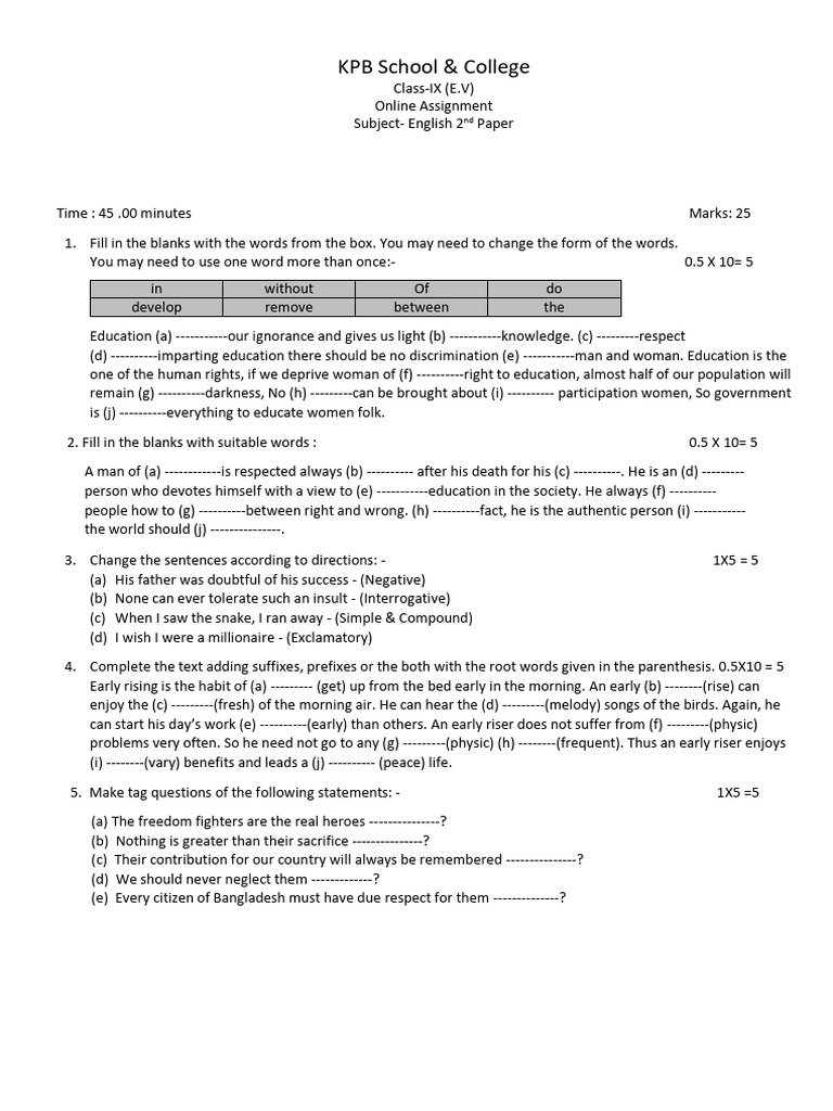 Class 9 English 2nd Paper Assignment | PDF | Languages | Foreign ...