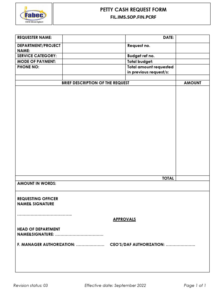 Petty Cash Request Form | PDF | Finance & Money Management