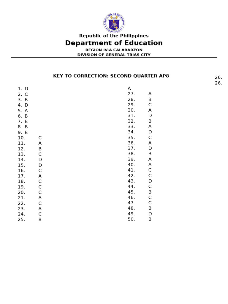 Second Quarter Key To Correction Ap 8 | PDF