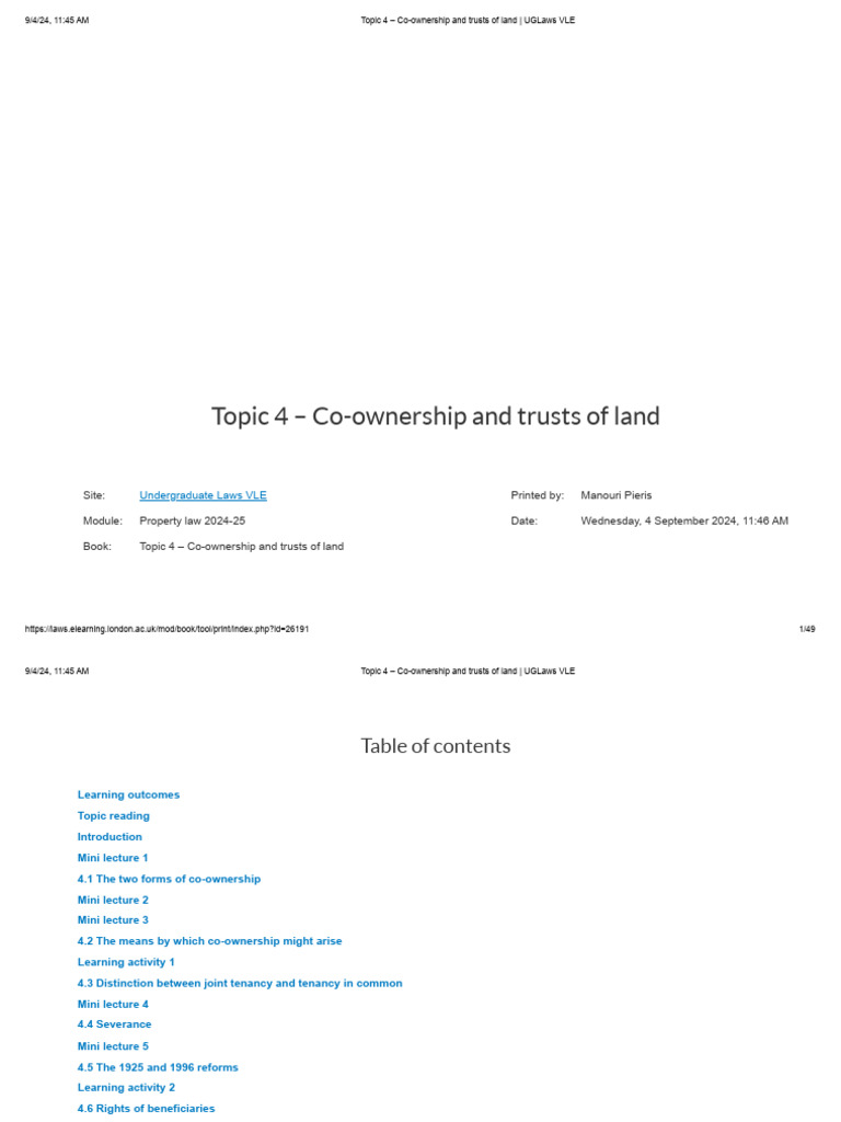 Topic 4 - Co-Ownership and Trusts of Land - UGLaws VLE | PDF | Concurrent Estate | Leasehold Estate