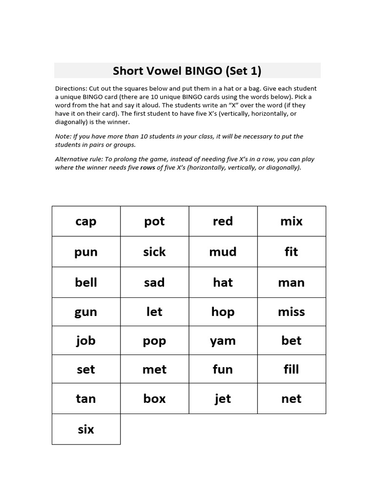 Phonics BINGO - Short Vowels - Set 1 | PDF