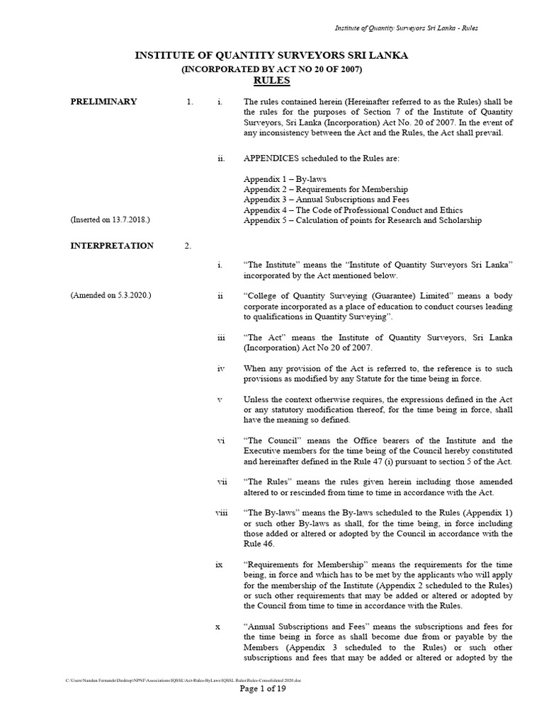 Rules of Institute of Quantity Surveyors Sri Lanka IQSSL | PDF ...