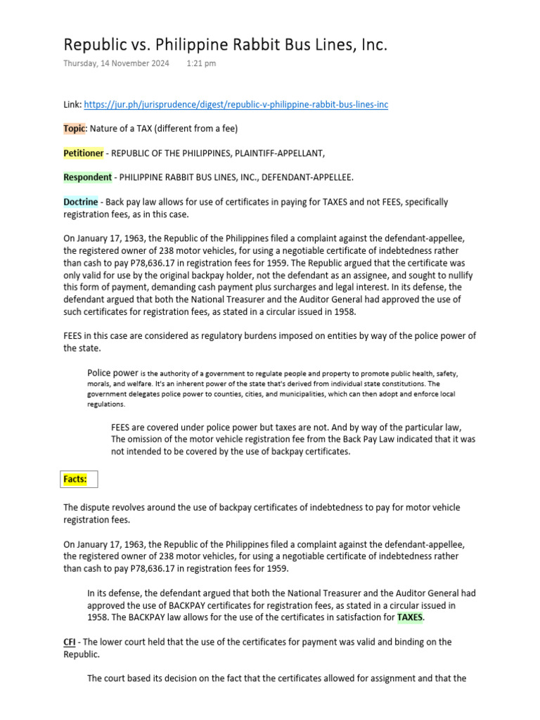 Republic vs. Philippine Rabbit Bus Lines, Inc. | PDF | Fee | Taxes
