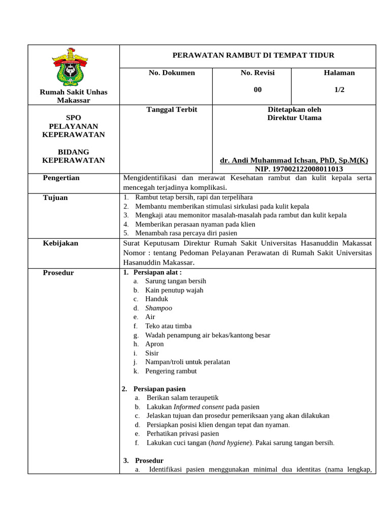 SOP - Perawatan Rambut Di Tempat Tidur - 2023 | PDF
