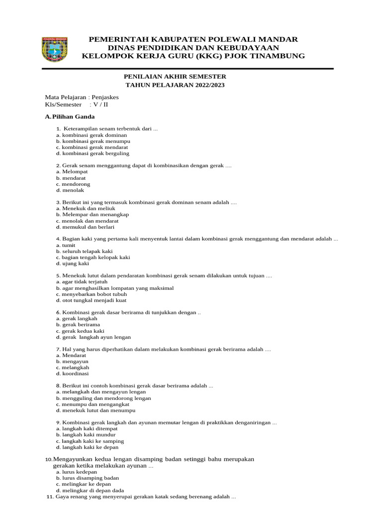 Soal PJOK Kelas V-1 | PDF | Olahraga & Rekreasi | Kesehatan Holistik