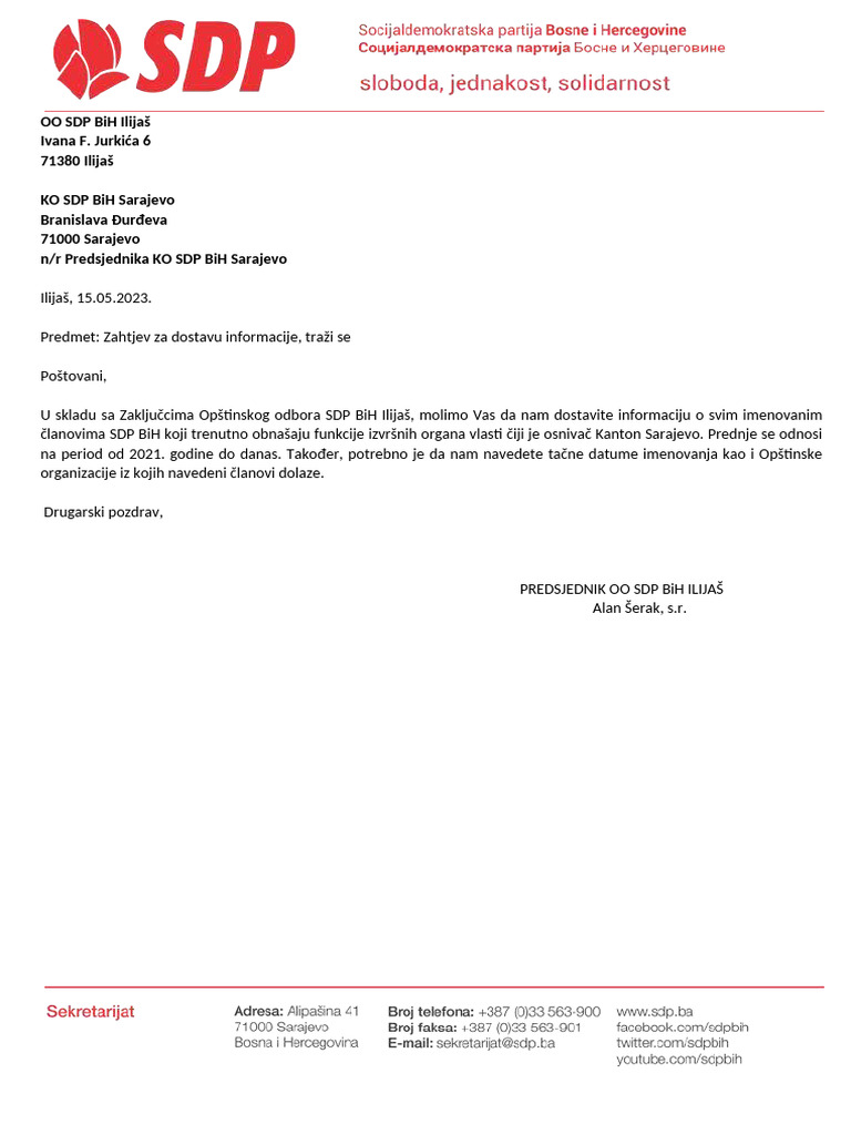 Dopis KO SDP Ilijas | PDF