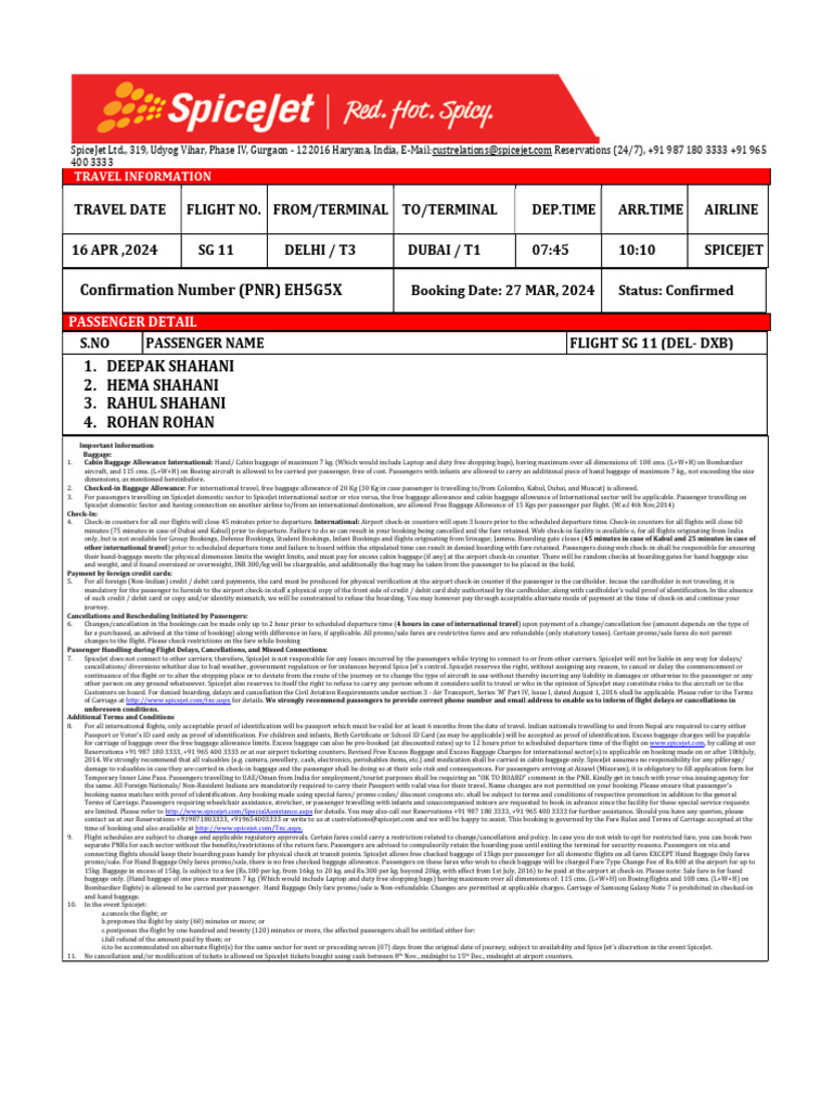 Deepak Shahani + 3 Delhi Dubai 16 Apr'24 (Spicejet, Non Refundable) | PDF | Identity Document