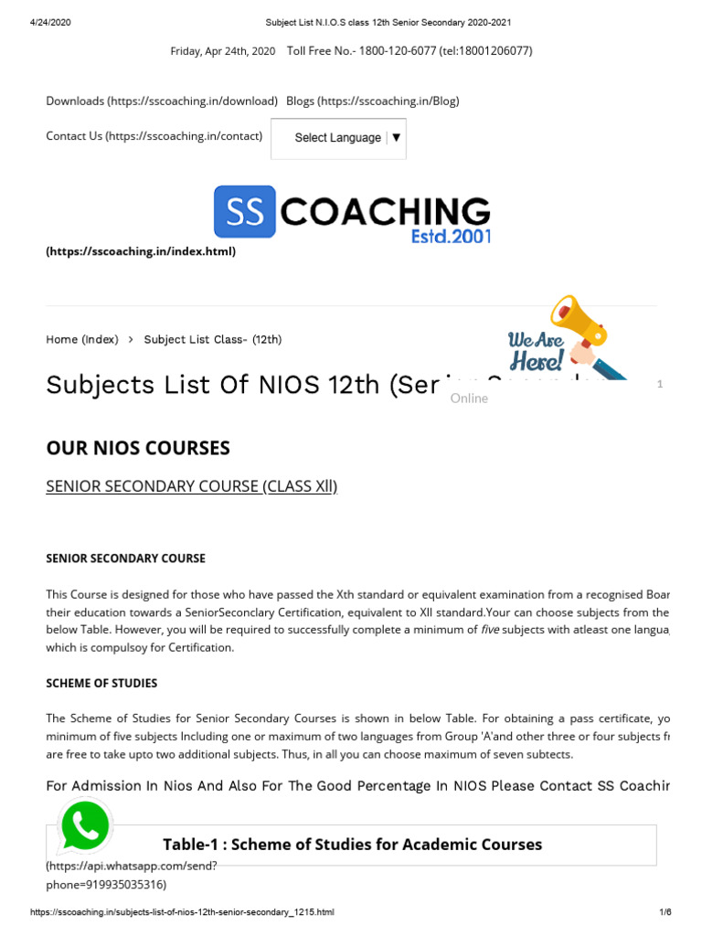NIOS Class 12 Subject List 2020-21 | PDF